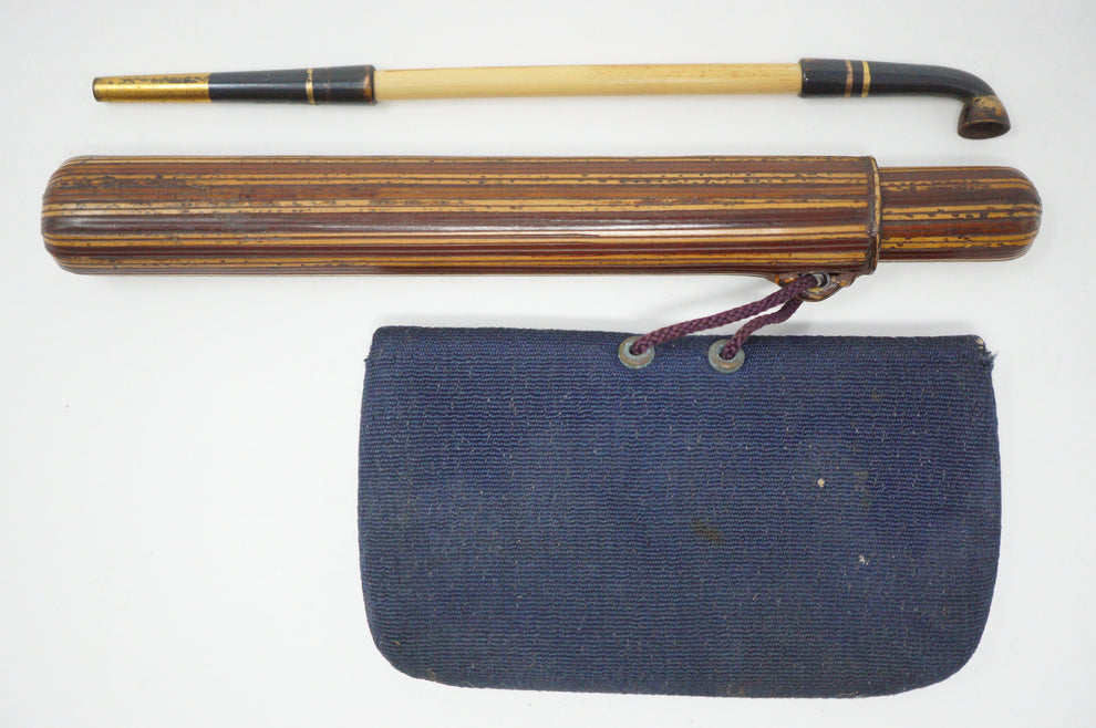 Japanese Meiji-era Kiseru Smoking Set incl. Pipe, Pouch & Pipe Contain ...